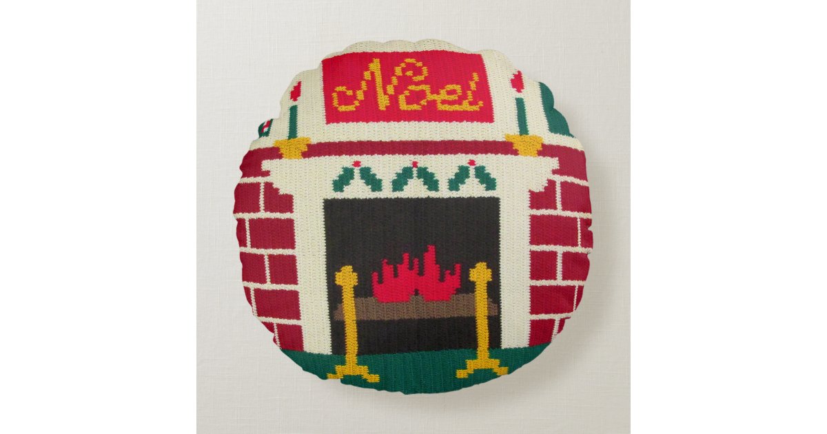 Noel Holly Brick Fireplace Designer Crochet Print Round Pillow | Zazzle.com