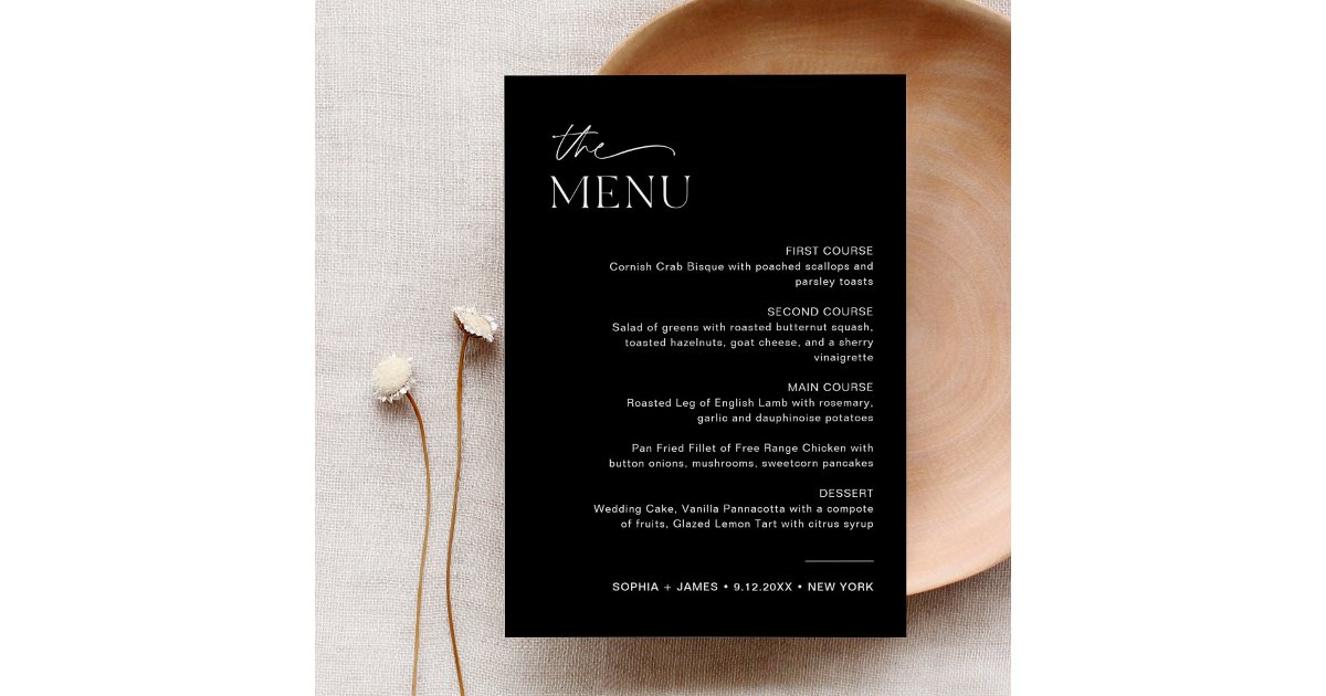 NOIR Wedding Dinner Menu 5x7 Card | Zazzle