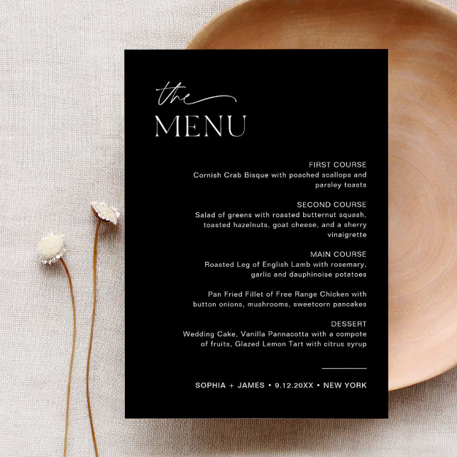 NOIR Wedding Dinner Menu 5x7 Card | Zazzle