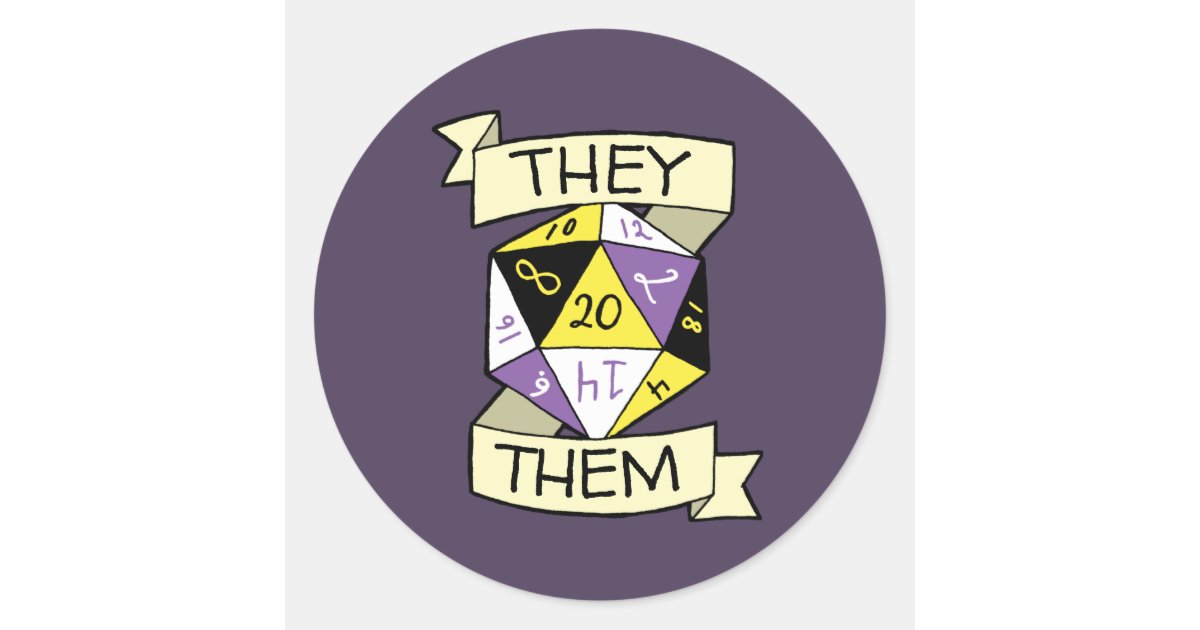 Nonbinary They Them Pronouns D20 Tabletop Dice Classic Round Sticker ...