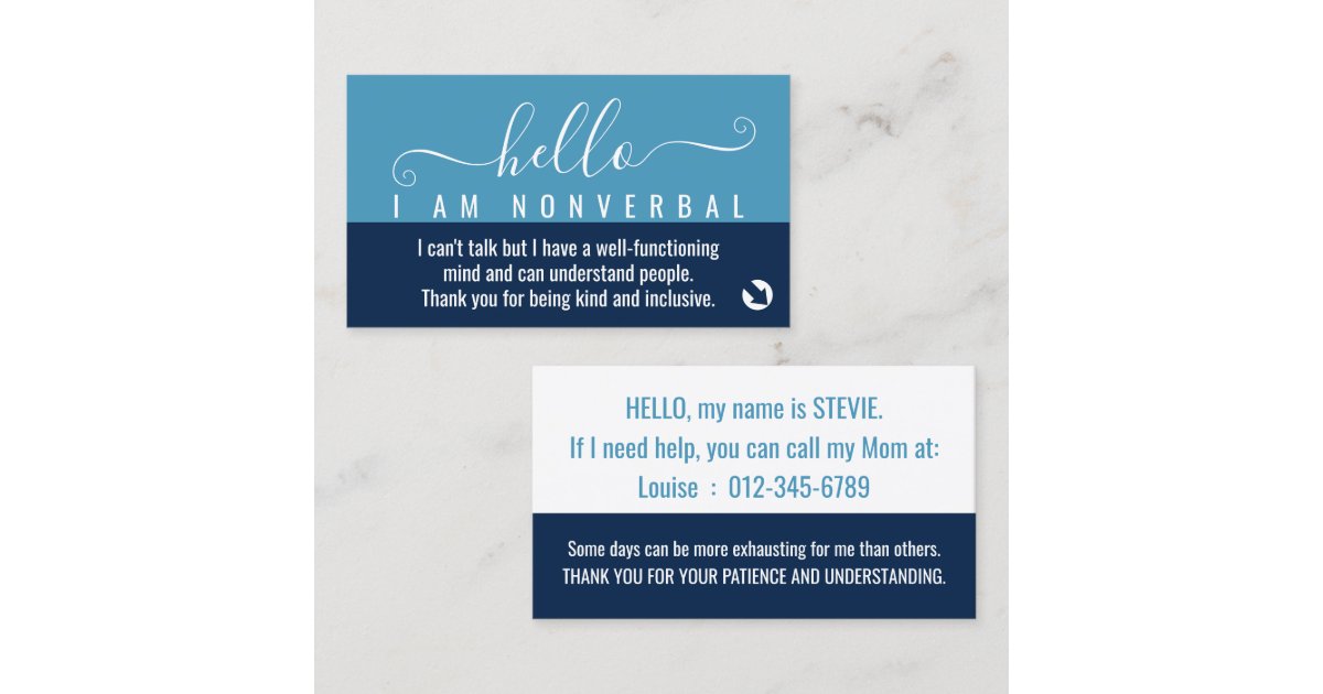 nonverbal awareness and emergency contact business card | Zazzle
