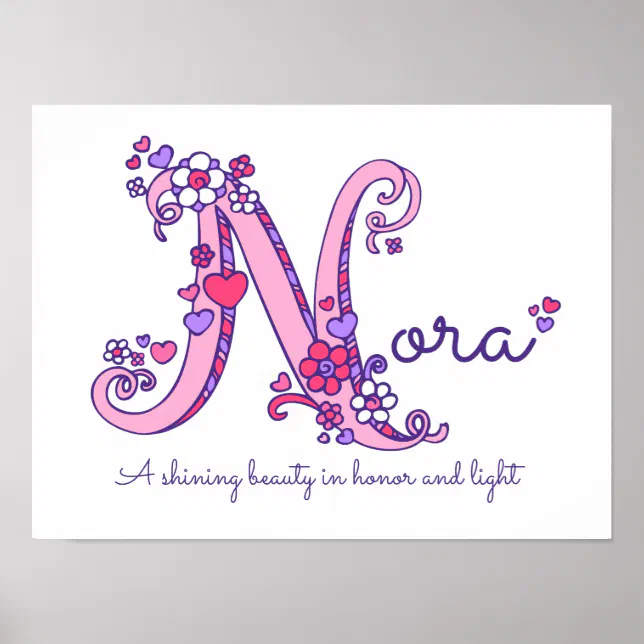 Nora letter N girls name and meaning poster | Zazzle