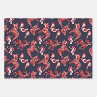 Nordic Dala Horse Moose Red Blue Christmas Wrapping Paper Sheets | Zazzle