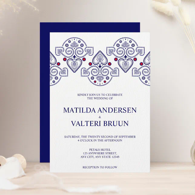 Nordic Folk Art Scandinavian Navy Red Wedding Invitation | Zazzle