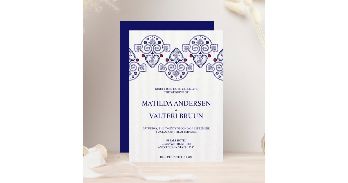 Nordic Folk Art Scandinavian Navy Red Wedding Invitation | Zazzle