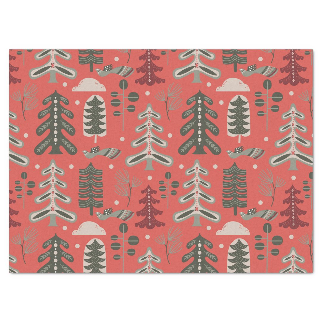 Nordic Green and White Tree Pattern on Red Tissue Paper | Zazzle