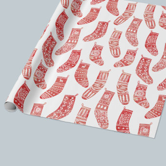 Nordic Stockings Scandinavian Christmas Red White Wrapping Paper | Zazzle