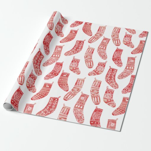 Nordic Stockings Scandinavian Christmas Red White Wrapping Paper | Zazzle
