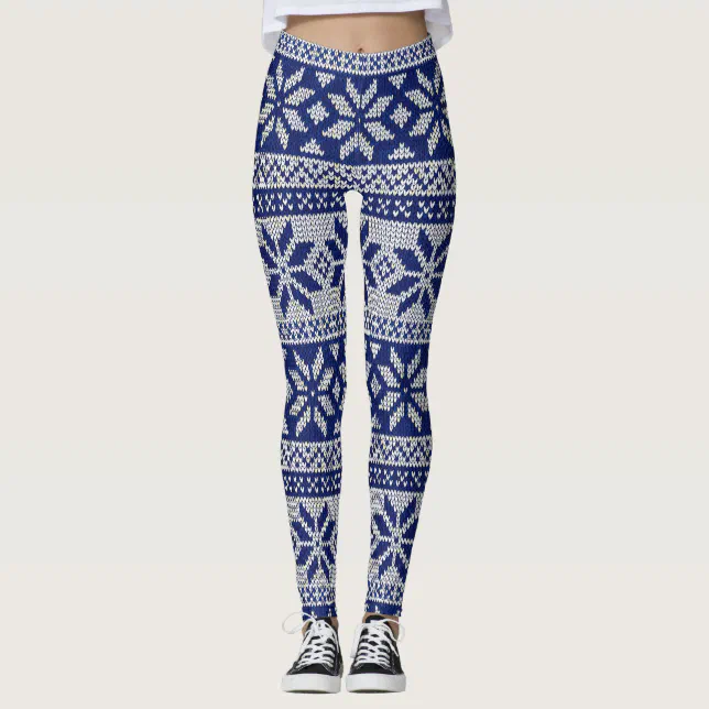 Nordic Winter Snowflake Knit Pattern Blue White Leggings | Zazzle