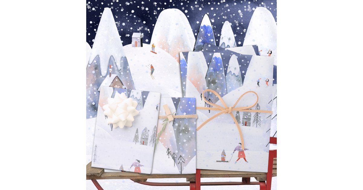 Nordic Winter Snowy Mountain Ski Village Night Sky Wrapping Paper ...