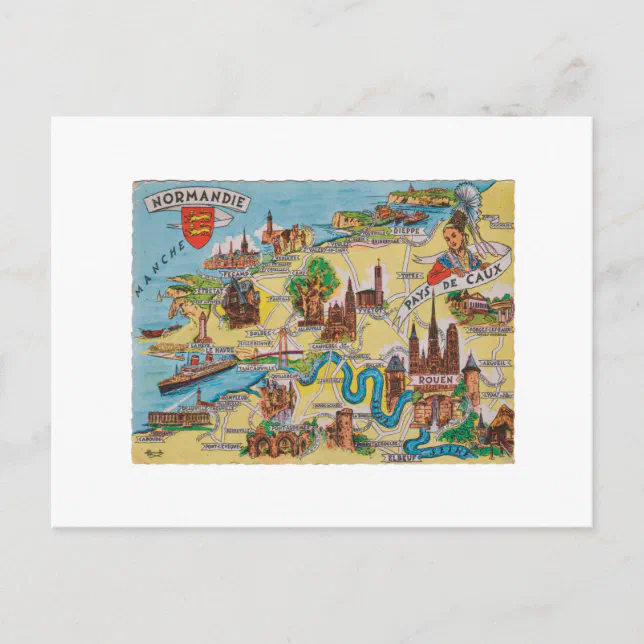 Normandie old map postcard | Zazzle