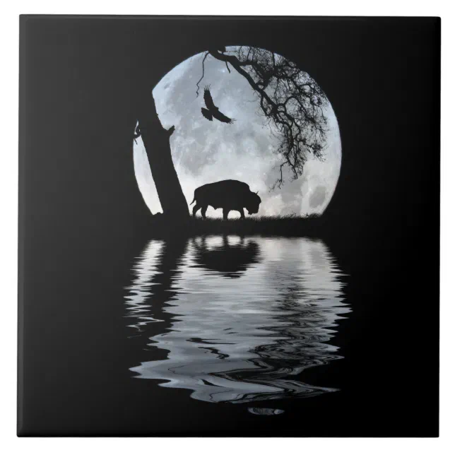 North American Buffalo and Raven with Full Moon Ceramic Tile | Zazzle