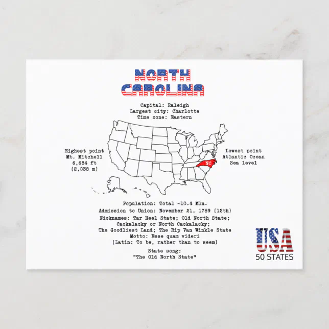 North Carolina American state on a map and details Holiday Postcard ...