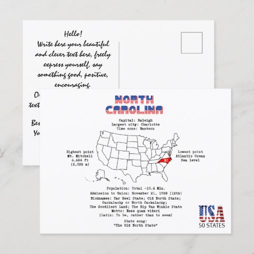 North Carolina American state on a map and details Holiday Postcard ...