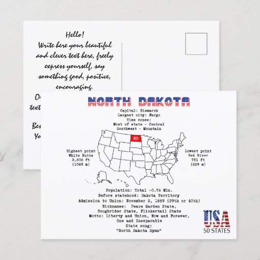 North Dakota American state on a map and details Holiday Postcard | Zazzle