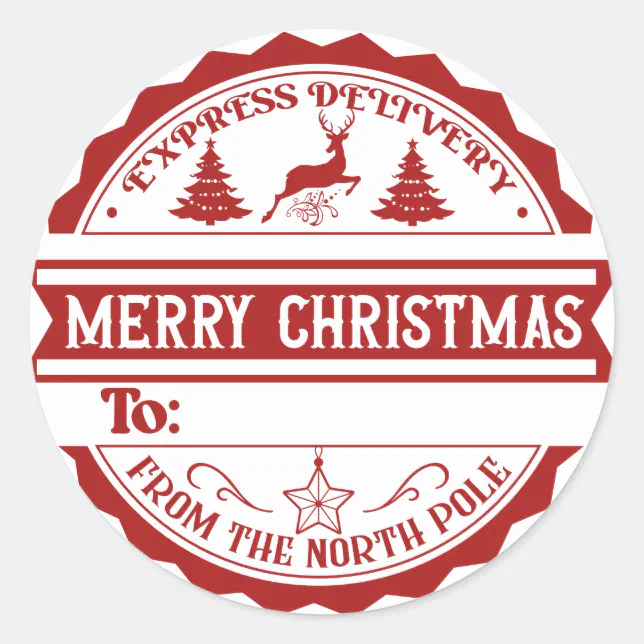 North Pole Express Delivery Mail Red Modern Classic Round Sticker | Zazzle