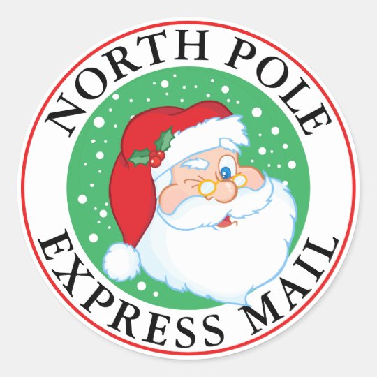 North Pole Express Mail Christmas Winking Santa Classic Round Sticker ...