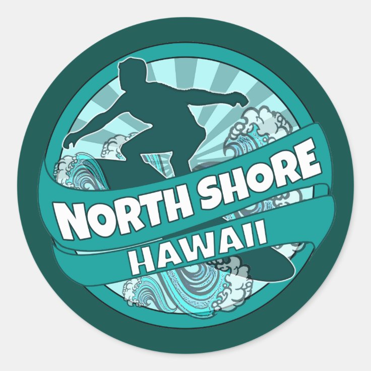 North Shore Hawaii teal surfer logo stickers | Zazzle