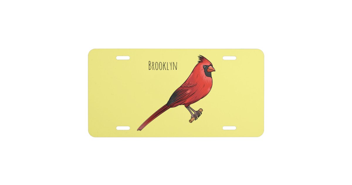 Northern cardinal bird cartoon illustration license plate | Zazzle