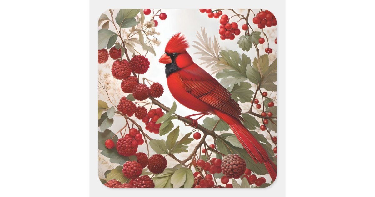 Northern Cardinal Bird Red Berries Square Sticker | Zazzle
