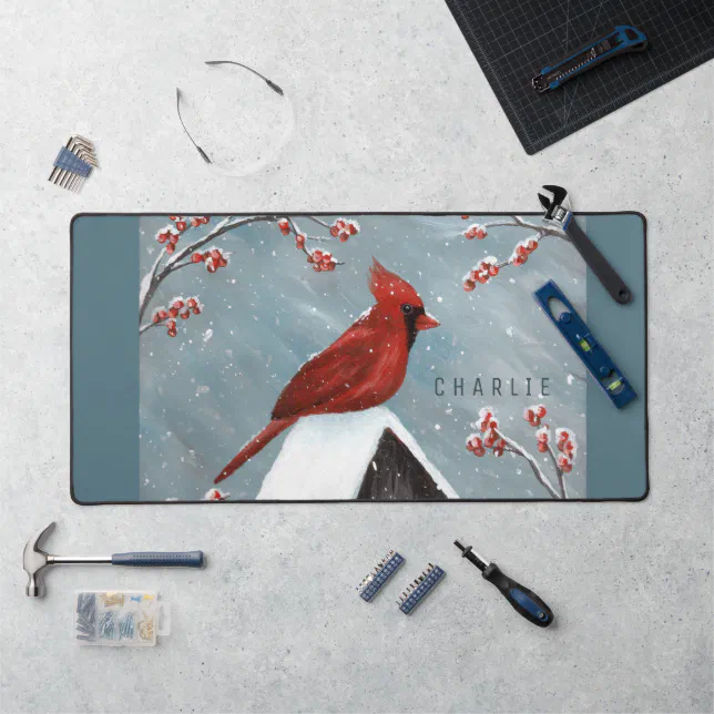 Northern Cardinal Winter Snow Desk Mat | Zazzle