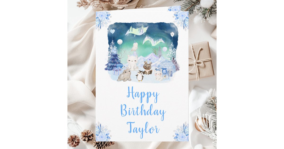 Northern Lights Arctic Animals Happy Birthday Card | Zazzle