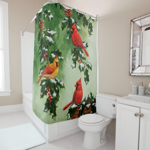 Northern Red Cardinals and Holly Shower Curtain | Zazzle