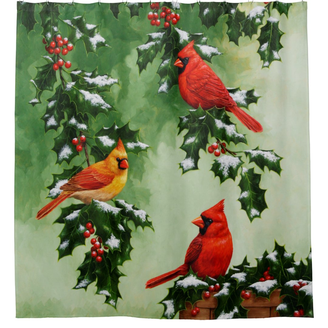Northern Red Cardinals and Holly Shower Curtain | Zazzle
