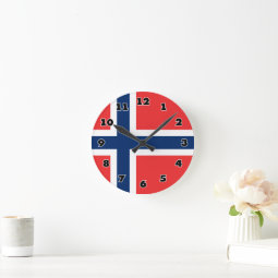 Norwegian flag of Norway custom round wall clock | Zazzle