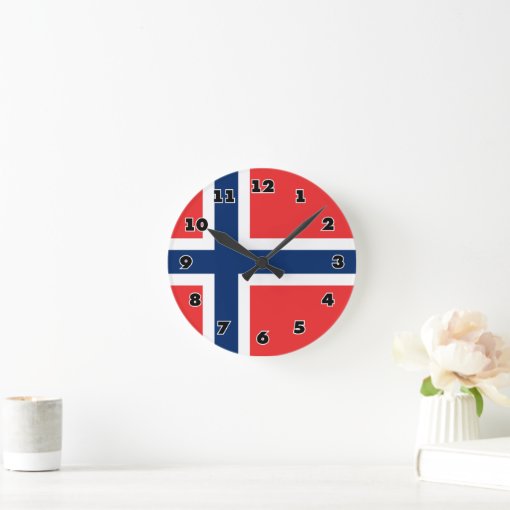 Norwegian flag of Norway custom round wall clock | Zazzle