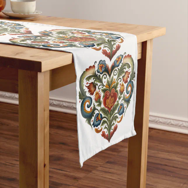Norwegian Rosemaling Folk Art Heart Long Table Runner | Zazzle