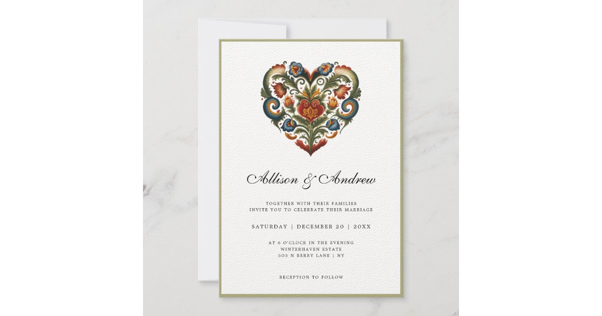 Norwegian Rosemaling Heart | Wedding Invitation | Zazzle