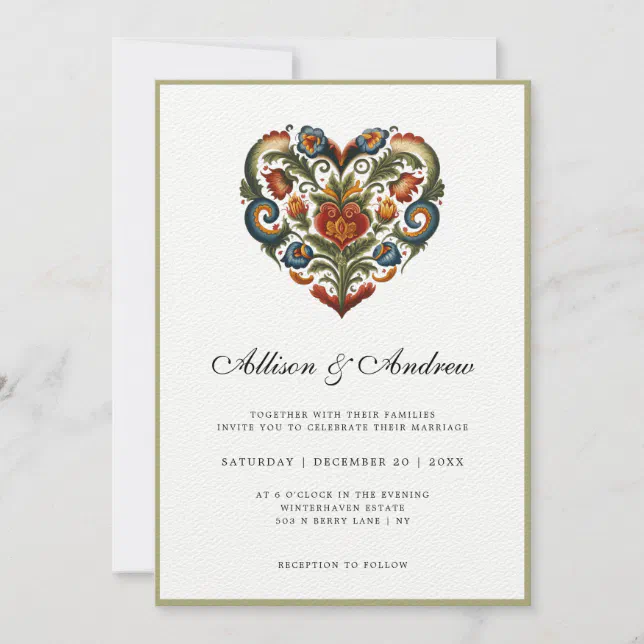 Norwegian Rosemaling Heart | Wedding Invitation | Zazzle