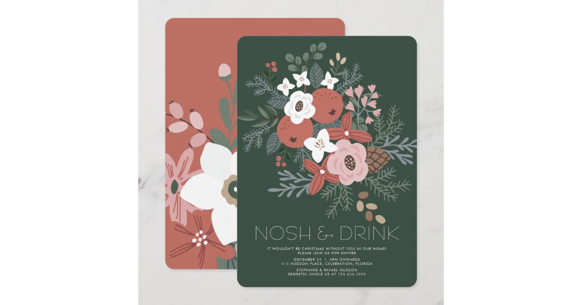 Nosh & Drink Christmas Foliage Dinner Holiday Card | Zazzle