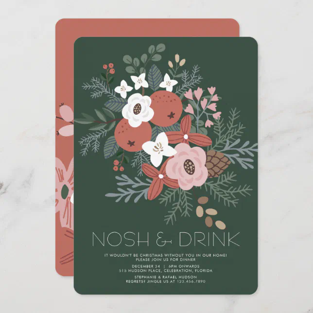 Nosh & Drink Christmas Foliage Dinner Holiday Card | Zazzle