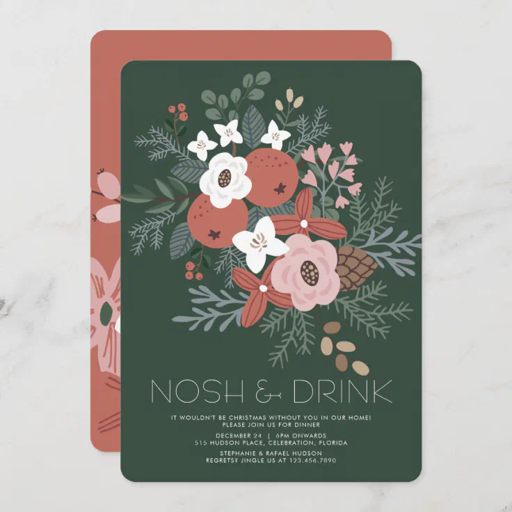 Nosh & Drink Christmas Foliage Dinner Holiday Card | Zazzle