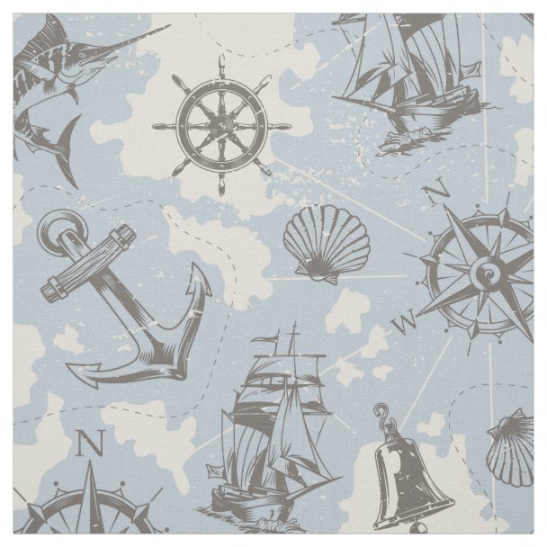 Blue Sailboat Pattern Nautical White Fabric | Zazzle
