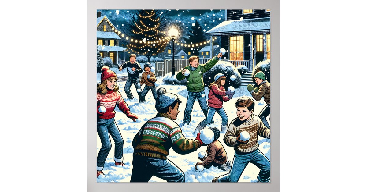 Nostalgic Winter Scene | Children's Snowball Fight Poster | Zazzle