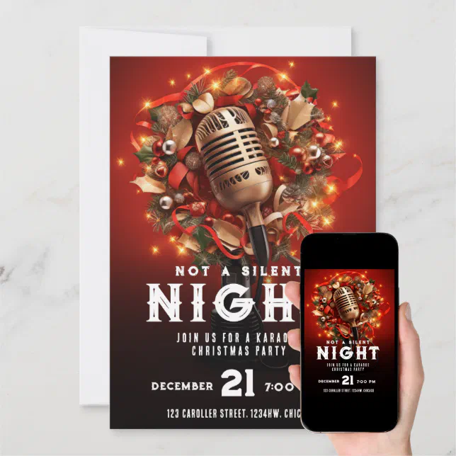 Not Silent Night Karaoke Christmas Party Mic Invitation | Zazzle