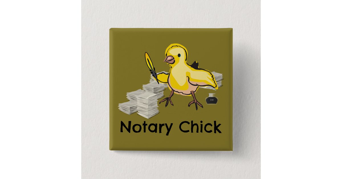 Notary Chick Yellow Feather Quill and Documents Button | Zazzle