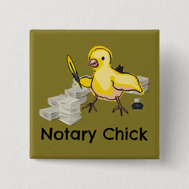 Notary Chick Yellow Feather Quill and Documents Button | Zazzle