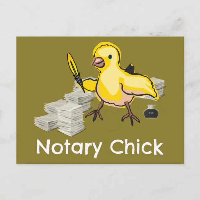 Notary Chick Yellow Feather Quill and Documents Postcard | Zazzle