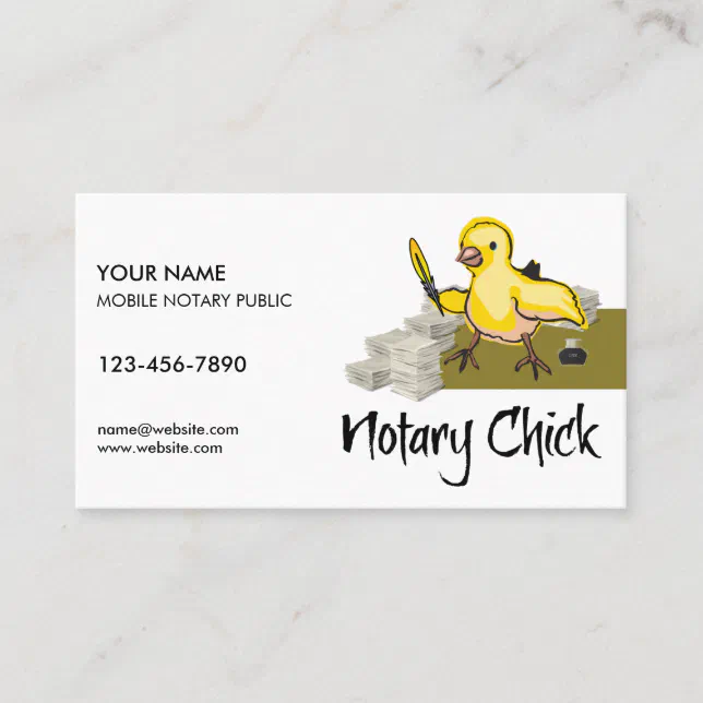 Notary Chick Yellow Feather Quill Customized Business Card | Zazzle