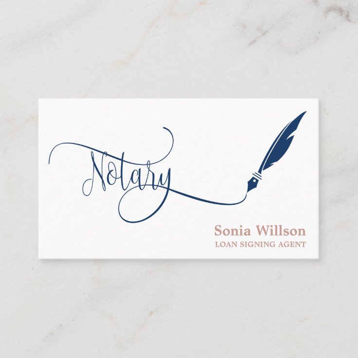 Notary elegant blue navy typography feather pen business card | Zazzle