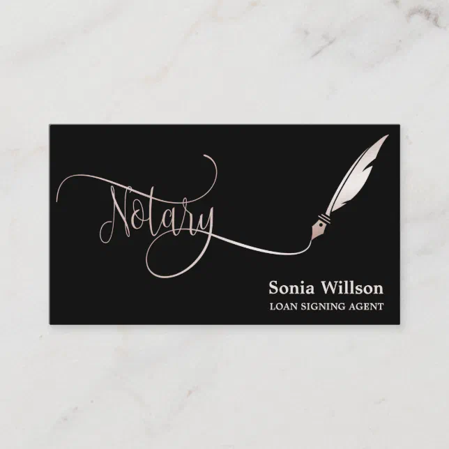 Notary elegant rose gold typography feather pen business card | Zazzle