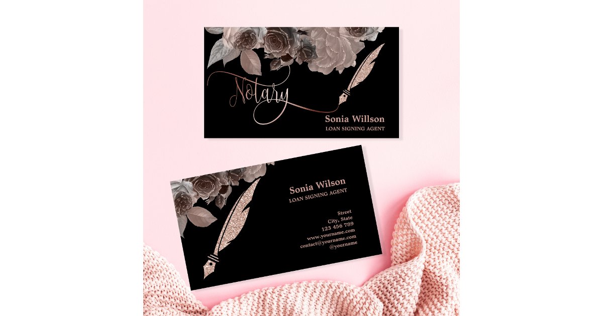 Notary elegant rose gold typography feather pen business card | Zazzle