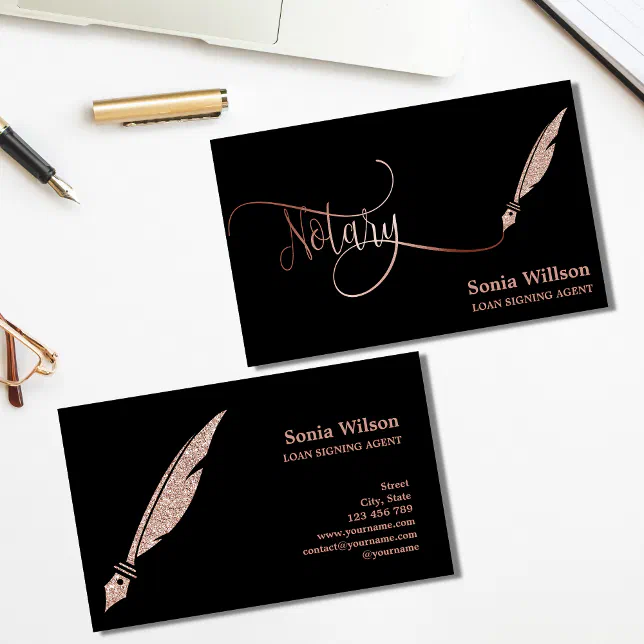 Notary elegant rose gold typography feather pen business card | Zazzle