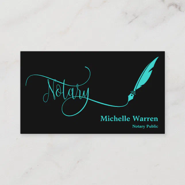 notary feather pen loan signing turquoise business card | Zazzle