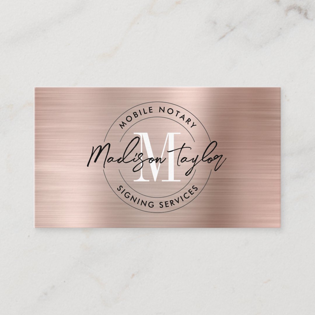 Notary Loan Agent Rose Gold Pink Metallic Monogram Business Card | Zazzle