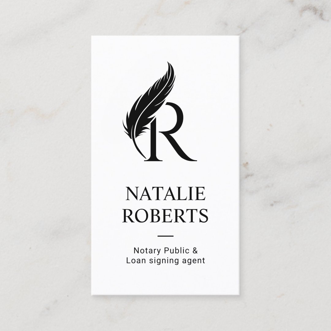 Notary Loan Signing Agent Feather Monogram Logo Business Card | Zazzle